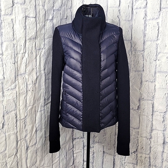 Athleta | Jackets & Coats | Athleta Blue Wool Knit Sweater Goose Down ...